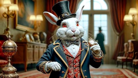Белый сумасшедший кролик с карманными часами из сказки Алиса в стране чудес Премиум Ai