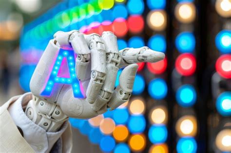 Robot Hand Touching Ai Symbol In Neon Lights Representing Humanmachine Interaction And Technolo