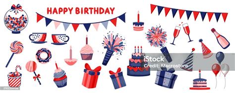 생일 축하 메가 플랫 그래픽 디자인으로 설정되었습니다 화환 촛불이 달린 케이크 축하 컵케이크 샴페인 축제 모자 사탕 선물 등의