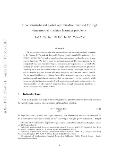 Pdf A Consensus Based Global Optimization Method For High Dimensional
