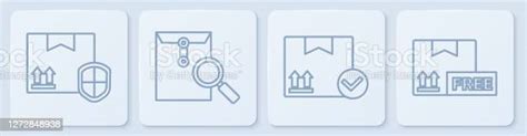 방패와 라인 배달 팩 보안을 설정 체크 마크 패키지 상자 돋보기와 봉투와 무료 기호와 골판지 상자 흰색 정사각형 버튼 벡터 검색에 대한 스톡 벡터 아트 및 기타 이미지