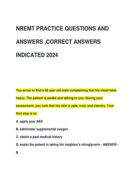 Nremt Practice Questions And Answers Correct Answers Indicated 2024 Nremt Nationally