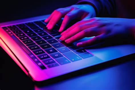 Hands Typing On Illuminated Laptop Keyboard Premium Ai Generated Image