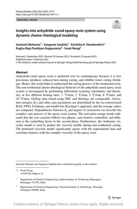 Insights Into Anhydride Cured Epoxy Resin System Using Dynamic Chemo