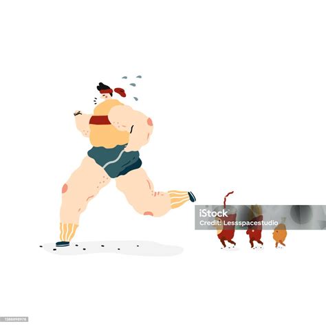 패스트 푸드 캐릭터의 손으로 그린 벡터 일러스트는 달리는 뚱뚱한 사람들을 따릅니다 소다 음료 감자 튀김 종이 상자와 만화