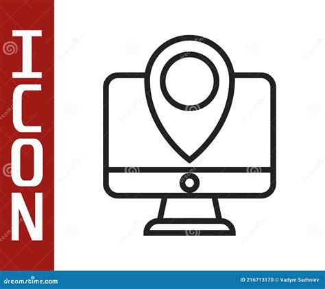 Black Line Computer Monitor And Folded Map With Location Marker Icon Isolated On White