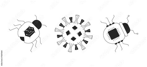 Virus Computer Bugs Black And White 2d Line Cartoon Objects Set Dangerous Malware Isolated