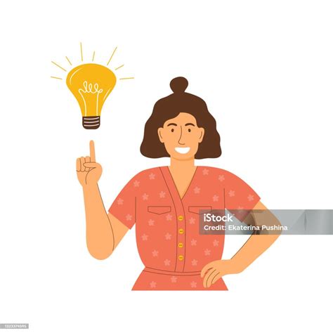 새로운 창조적 인 아이디어의 시작의 상징 전구와 젊은 행복한 여자 아이디어 문제 해결 창조적 사고 시작 혁신 브레인 스토밍 컬러 벡터 플랫 일러스트레이션 여자에 대한 스톡