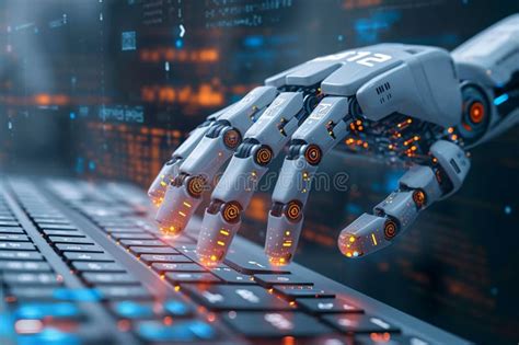 Futuristic Tech Robot Ai With Hands On A Keyboard Graphic Design Stock Illustration