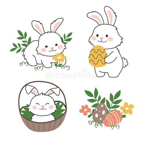 Set Of Easter Bunnies Cute Holiday Characters Traditional Symbol Of