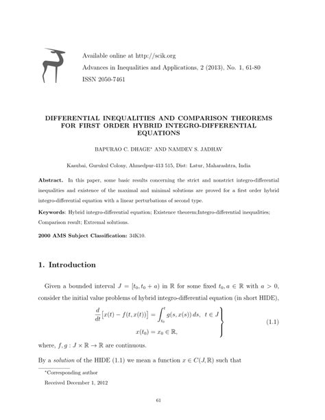 Pdf Differential Inequalities And Comparison Theorems For First Order Hybrid Integro