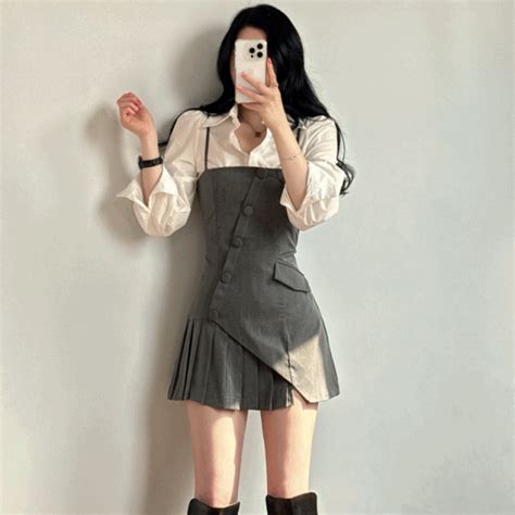 하객룩투피스세트 봄 무지 나미 긴팔 셔츠 뷔스티에 미니 원피스 세트 투피스 에이블리