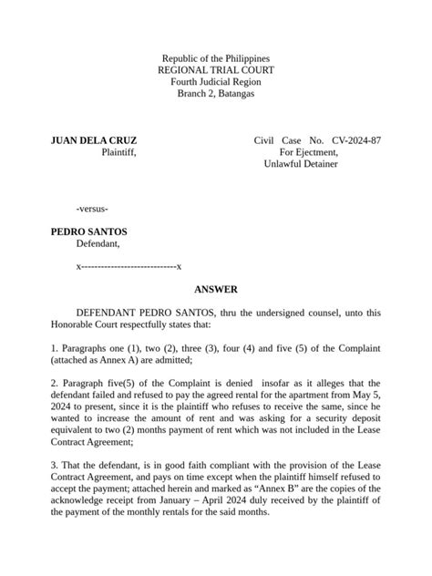 Answer To Complaint Unlawful Detainer Pdf Complaint Lawsuit