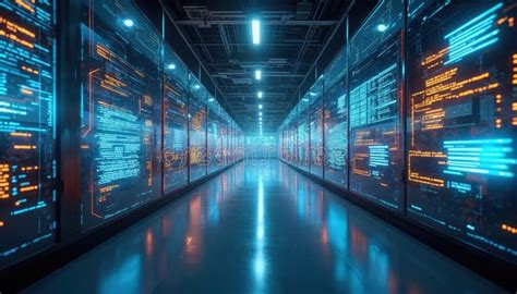 Digital Corridor In Data Center With Server Racks Displaying Real Time