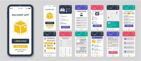 ui ux gui 화면 세트 모바일 앱 반응형 웹 사이트용 배달 앱 플랫 디자인 템플릿 프리미엄 벡터