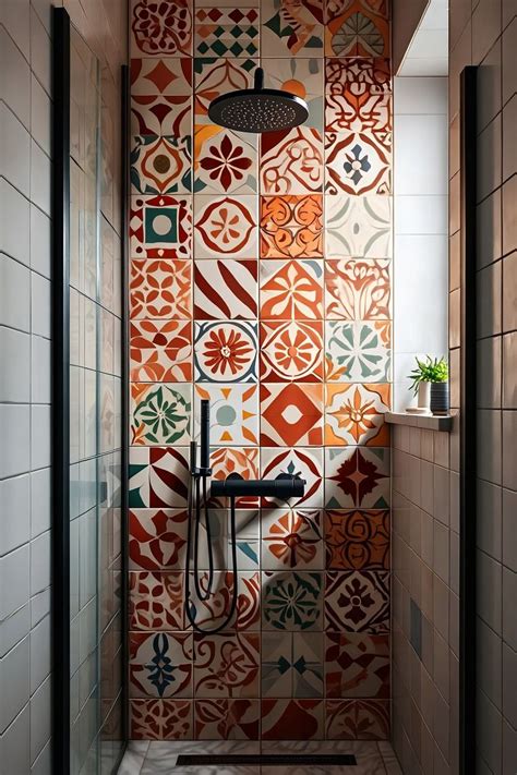 Vibrant Patterned Tile Shower Small Bathroom Makeover Inspo Bathroom Tile Designs Small