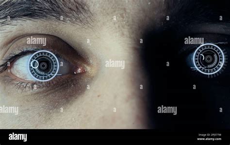 Close Up Of A Male Eye With Visual Effects The Concept Of A Sensor Implanted In The Human Eye