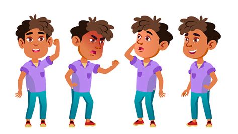아랍 무슬림 소년 유치원 아이 포즈 벡터를 설정 합니다 꽤 긍정적인 아기 레저 엽서 발표회 표지 디자인에 고립 된 만화 일러스트 가리기에 대한 스톡 벡터 아트 및 기타
