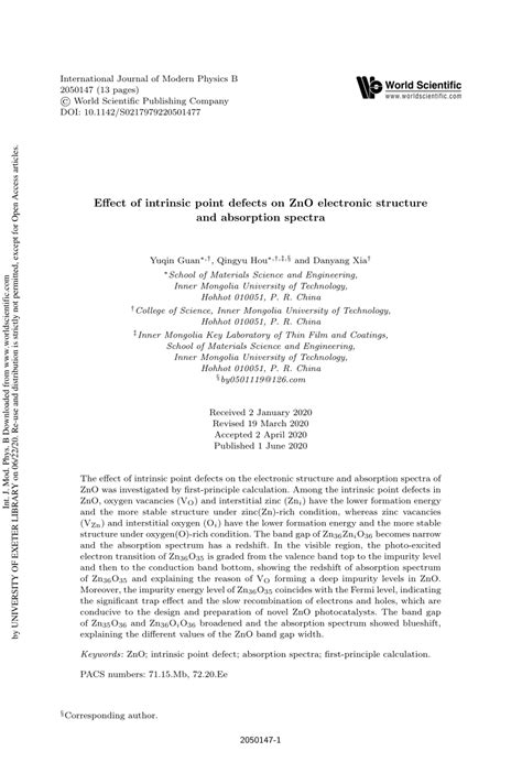Pdf Effect Of Intrinsic Point Defects On Zno Electronic Structure And Absorption Spectra