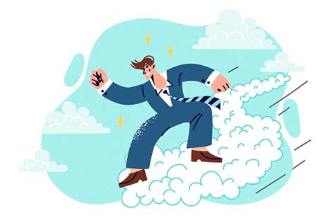 성공한 사업가가 하늘을 달리며 기업 경력에서 승리를 거두고 구름의 길에 서 있다 개념에 대한 스톡 벡터 아트 및 기타 이미지 개념 개념과 주제 개발 Istock