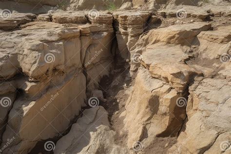 Close Up Of Fault Line With Visible Displacement And Breakage Stock