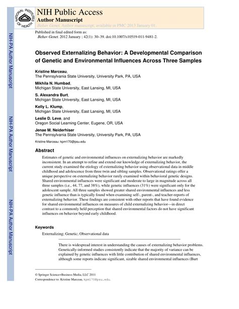 Pdf Observed Externalizing Behavior A Developmental Comparison Of Genetic And Environmental