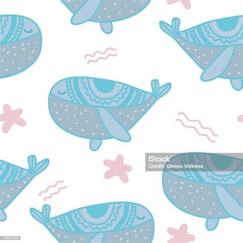 파스텔 색상 고래 벡터 원활한 패턴 귀여운 바다 생물 배경 어린이 직물을위한 스칸디나비아 장식 유치한 디자인 0명에 대한 스톡 벡터 아트 및 기타 이미지 Istock