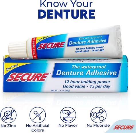Secure Waterproof Denture Adhesive Zinc Free Extra Strong 12 Hour Hold