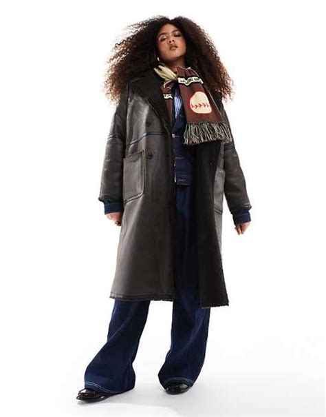 Asos Design Curve Longline Shearling Jacket With Contrast Binding In Brown Asos