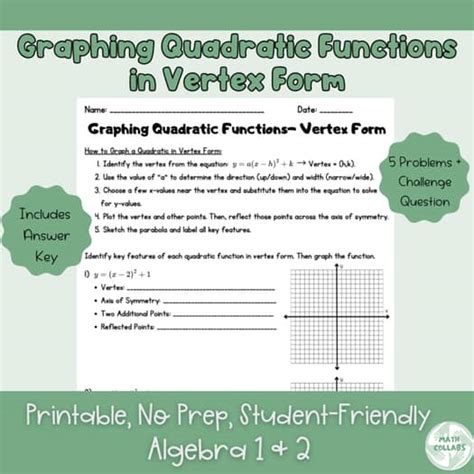 Graphing Quadratic Functions Vertex Form Worksheet Answer Key
