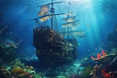 심해의 침몰한 항해선 Ai Shipwreck 수중 풍경 프리미엄 사진