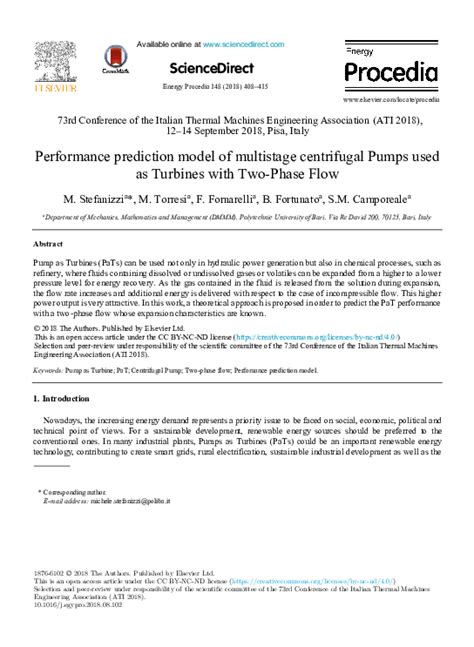 Pdf Performance Prediction Model Of Multistage Centrifugal Pumps Used As Turbines With Two