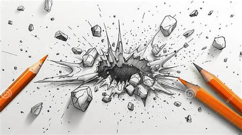 Creative Pencil Drawing Of An Explosion Surrounded By Flying Rocks On A
