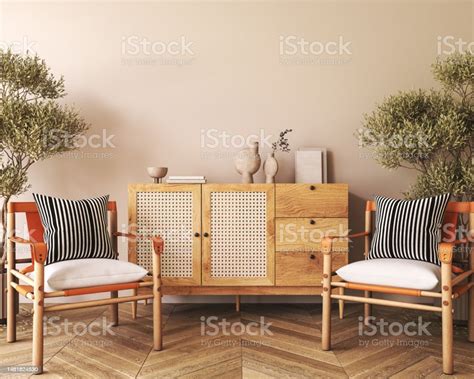 고리 버들 세공 가구와 장식이 있는 홈 거실 내부 배경 빈 베이지 색 벽 모형입니다 3d 렌더링 고품질 3d 그림 0명에 대한 스톡 사진 및 기타 이미지 Istock