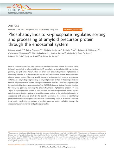 Pdf Phosphatidylinositol 3 Phosphate Regulates Sorting And Processing Of Amyloid Precursor