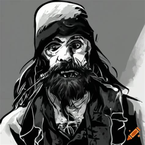 Dark Comic Style Illustration Of A Smiling Hobo In Alleyway On Craiyon