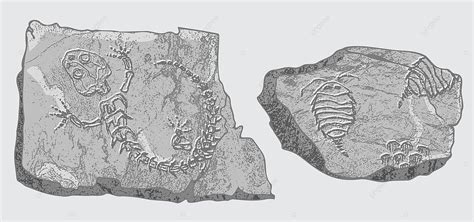 Realistic Fossil Imprints On Gray Stone Hand Drawn Archaeology Solid