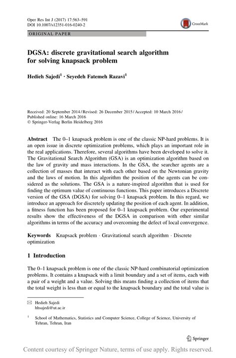 Dgsa Discrete Gravitational Search Algorithm For Solving Knapsack Problem Request Pdf