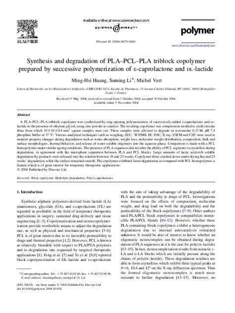 Pdf Synthesis And Degradation Of Plapclpla Triblock Copolymer