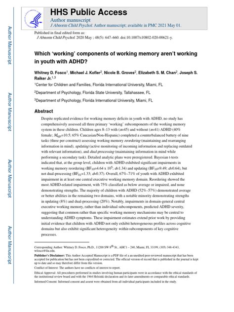 Fosco Et Al 2020 Working Memory In Adhd Pdf Working Memory Attention Deficit