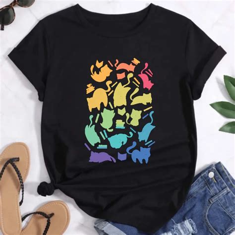 Colorful Cartoon Cat Pattern T Shirt For Women Fun Fox 3d Printed Short
