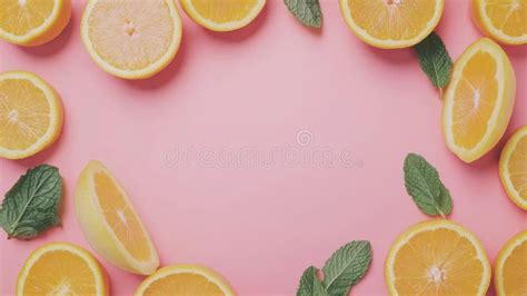 Citrus Frame On Pastel Pink With Mint Minimal Fruit Layout With Lemon