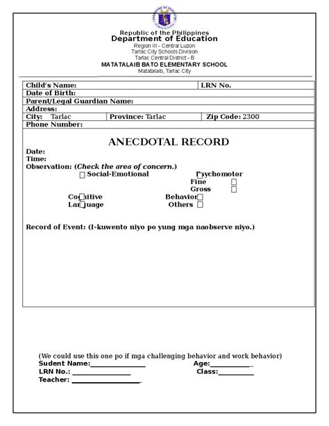Anecdotal Record Education Republic Of The Philippines Department
