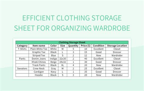 Efficient Clothing Storage Sheet For Organizing Wardrobe Excel Template