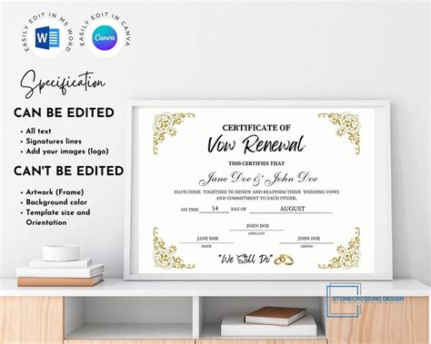 Editable Certificate Of Vow Renewal Template Marriage License Printable Certificate Editable