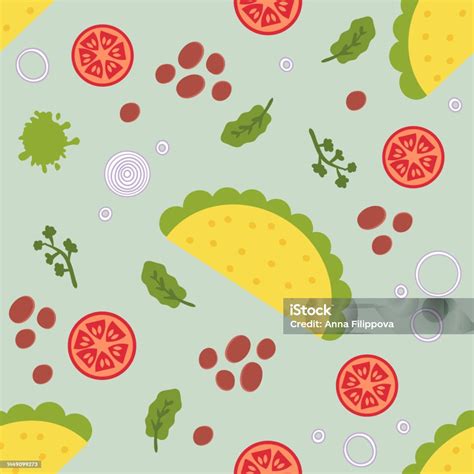 비건 콩 멕시코 패스트 푸드 타코 원활한 패턴입니다 티 종이 섬유 및 직물을위한 완벽한 인쇄 장식과 디자인을 위한 간단한 벡터 배경 샐러드에 대한 스톡 벡터 아트 및 기타