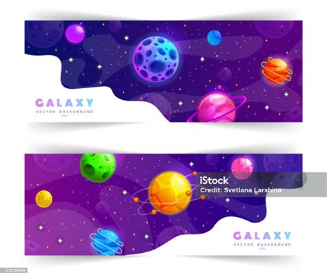 추상적인 모양과 별이있는 웹 배너 템플릿 세트입니다 코스모스 우주와 하늘 우주 탐험 은하의 어린이 만화 벡터 일러스트레이션 웹 배경의 개념입니다 0명에 대한 스톡 벡터 아트