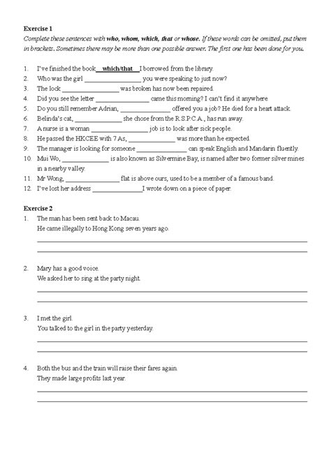 Adjective Clause Exercise Exercise 1 Complete These Sentences With Who Whom Which That Or