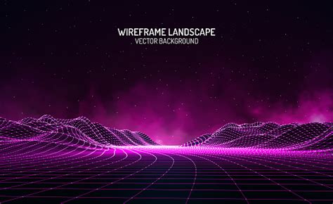 수평선에 입자 점과 별과 추상 디지털 풍경 와이어 프레임 풍경 배경입니다 빅 데이터 3d 미래 벡터 그림입니다 80 년대 복고풍 공상 과학 배경 산에 대한 스톡 벡터 아트