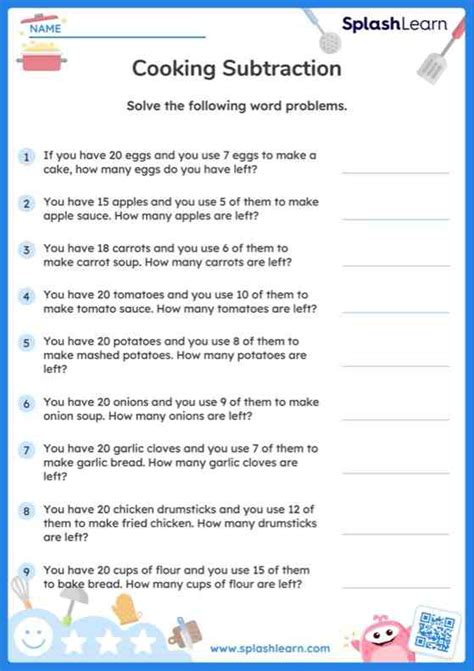 Subtract Within 20 Cooking Word Problems Worksheet Printable Maths